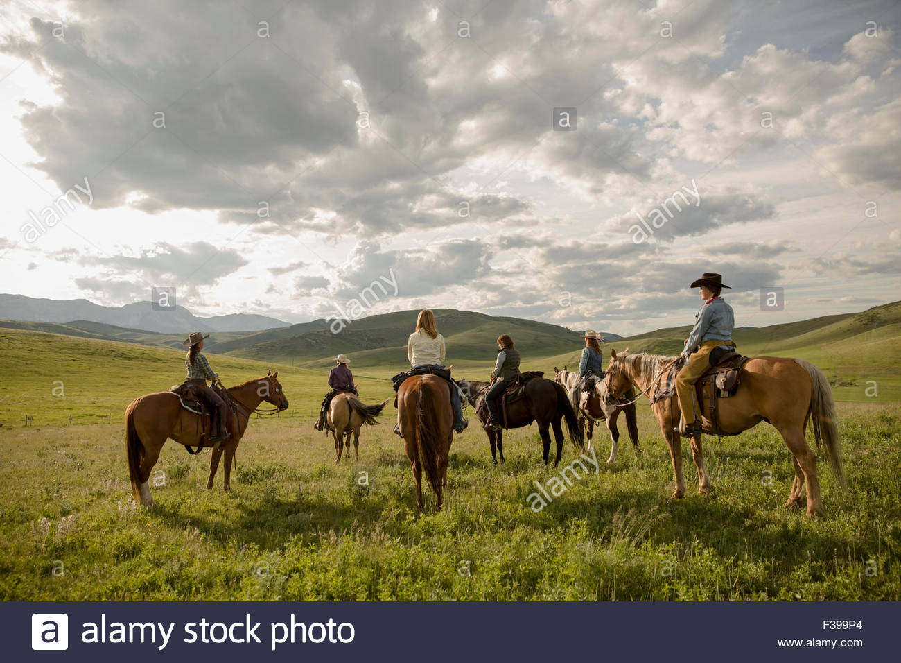 Female ranchers looking away on horseback remote field Stock Photo - Alamy