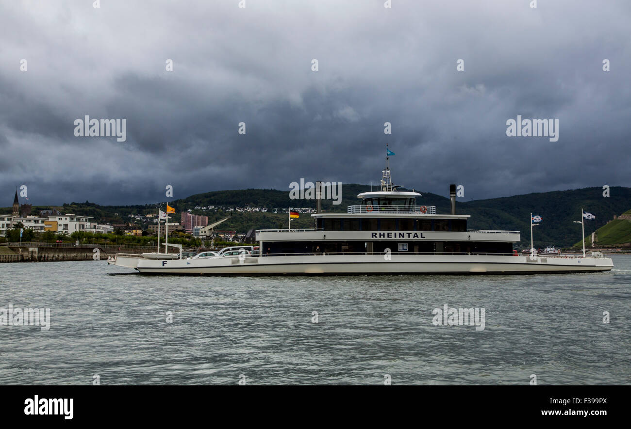 Car ferry on river Rhine, between Rüdesheim and Bingen, Upper Middle ...