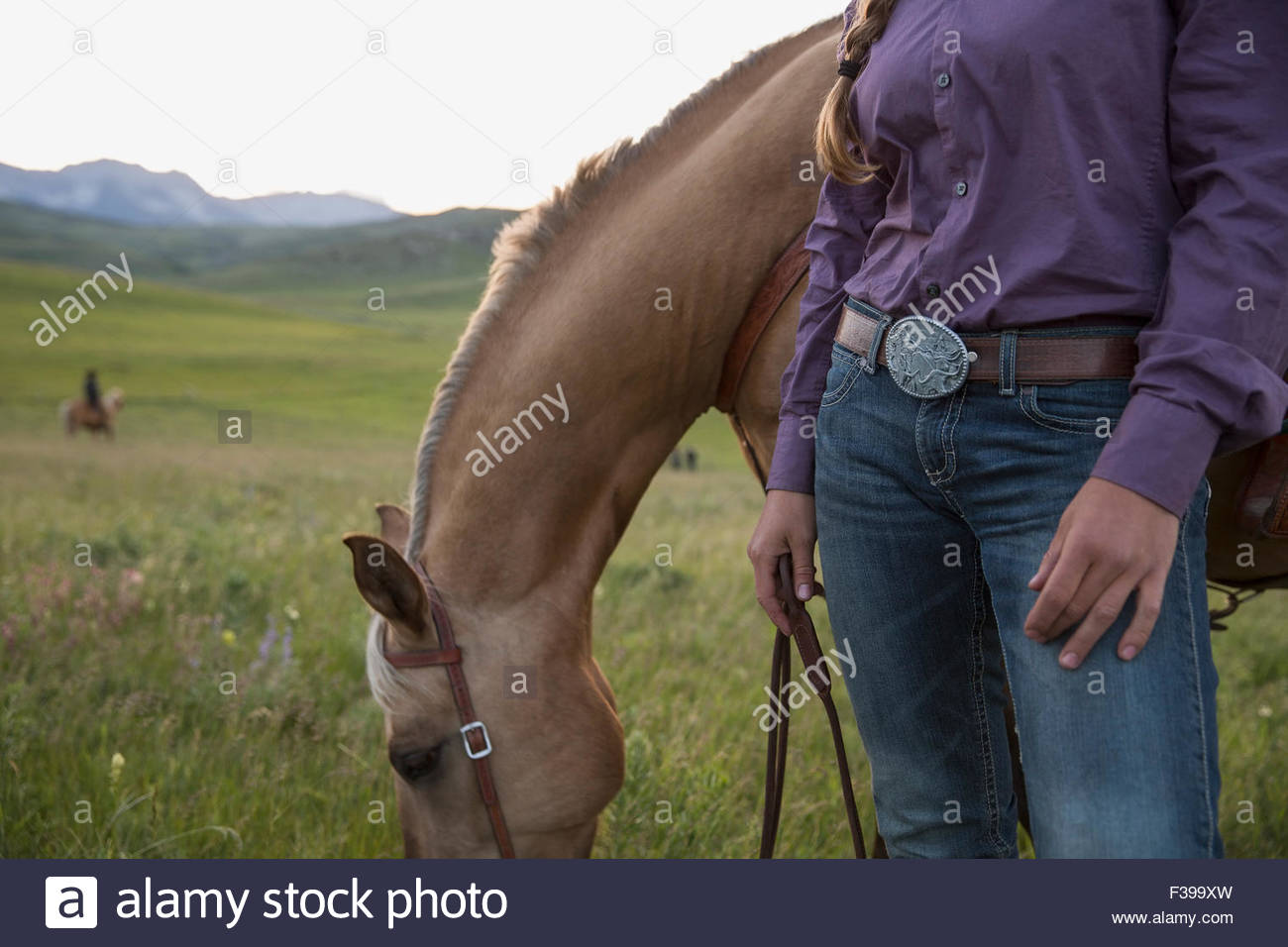 Close up female rancher with horse in field Stock Photo - Alamy