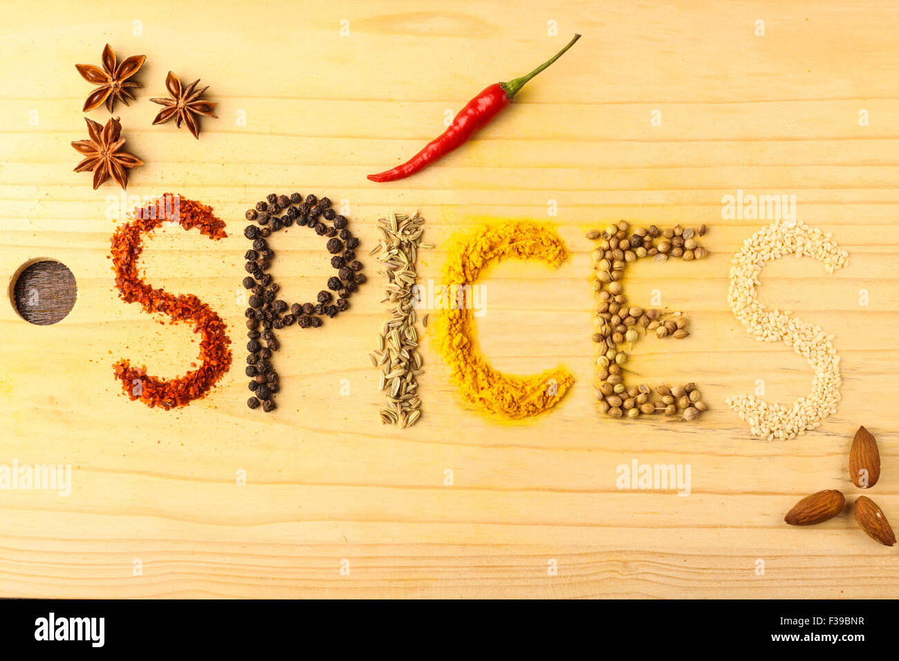 word of spices isolated on wooden background Stock Photo - Alamy