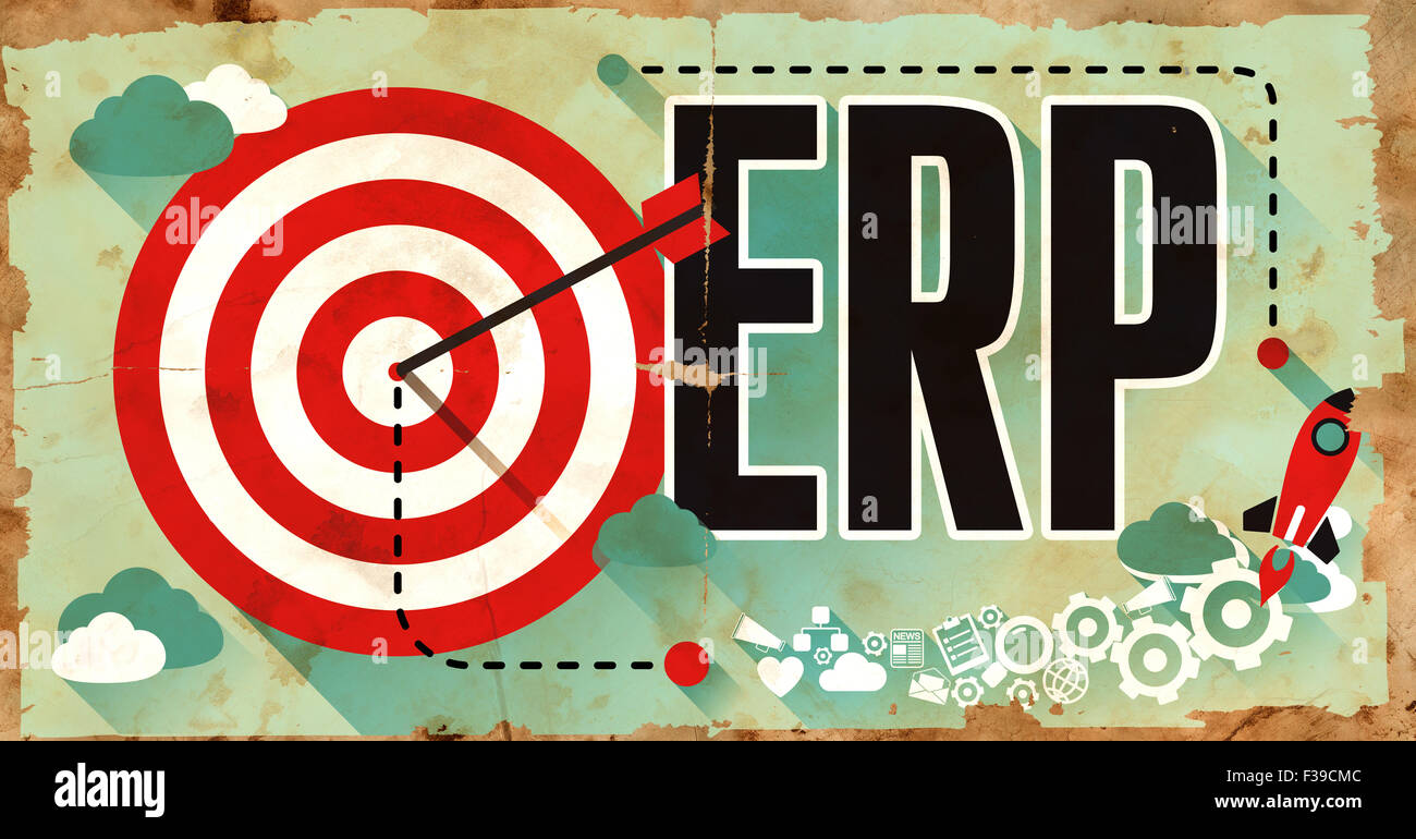 ERP Concept on Old Poster in Flat Design with Red Target, Rocket and ...