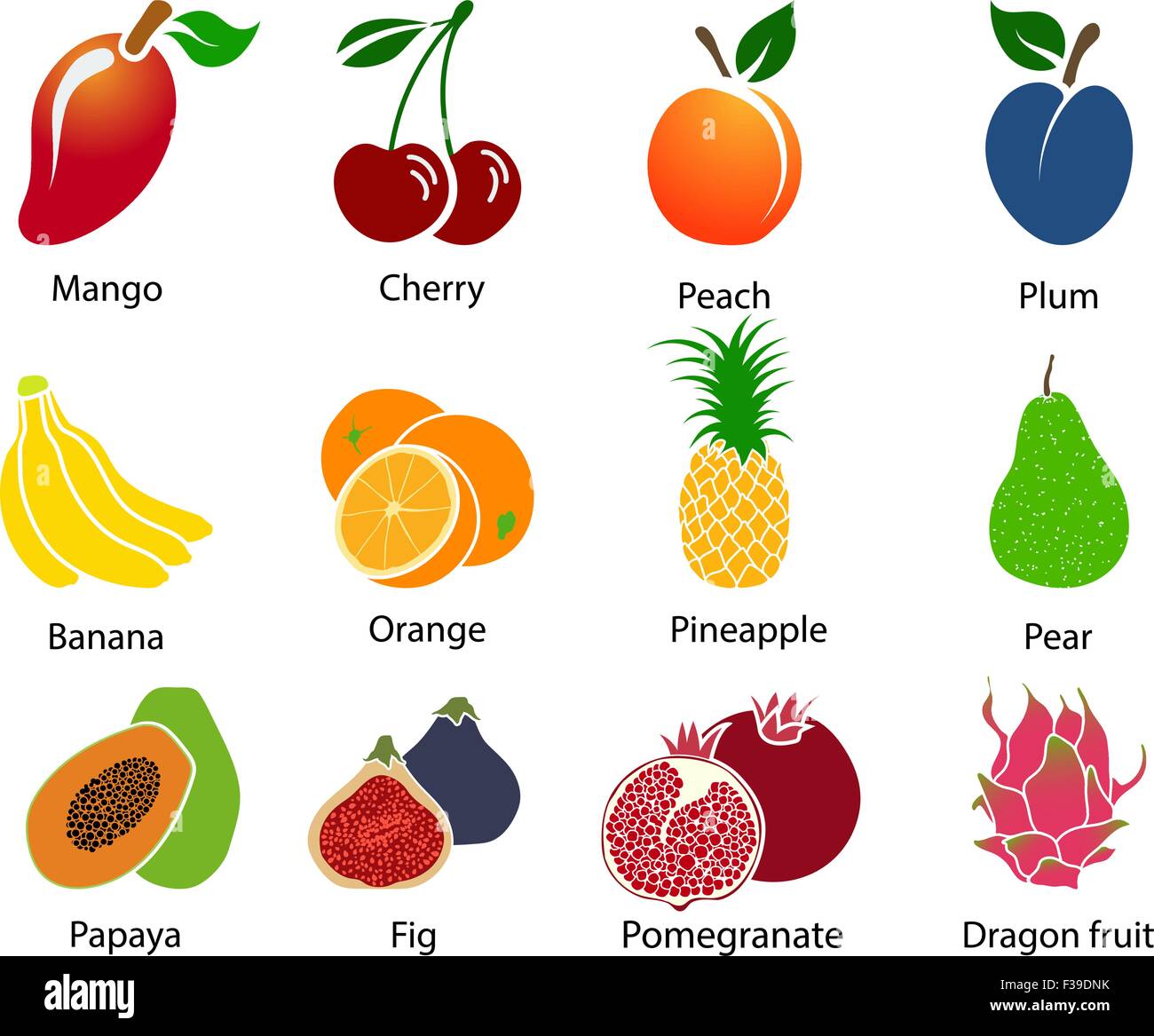 Set of cute fruit icons with title over white background. Vector ...