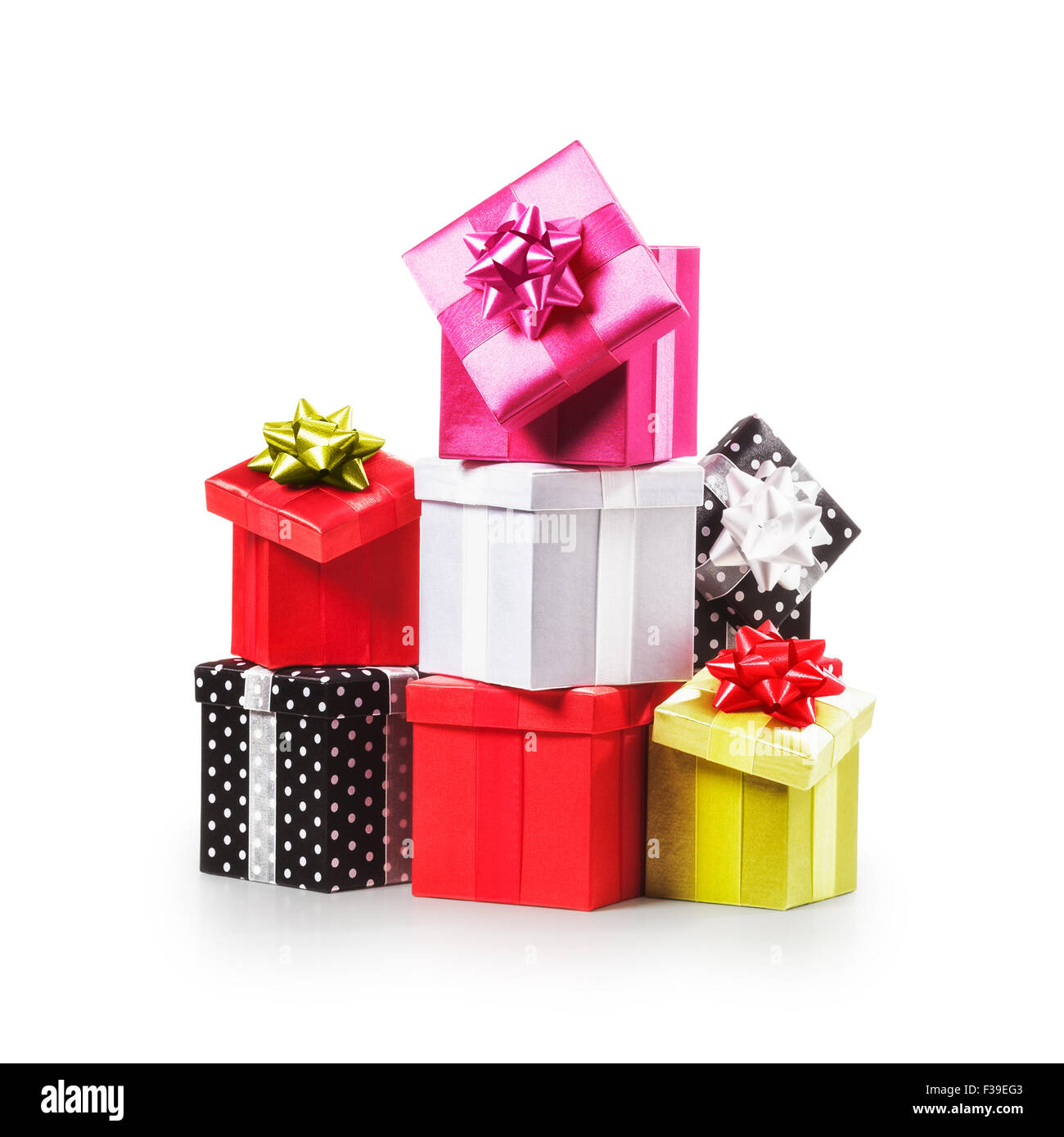Stacked gift boxes with ribbon bow. Christmas present. Croup of objects ...