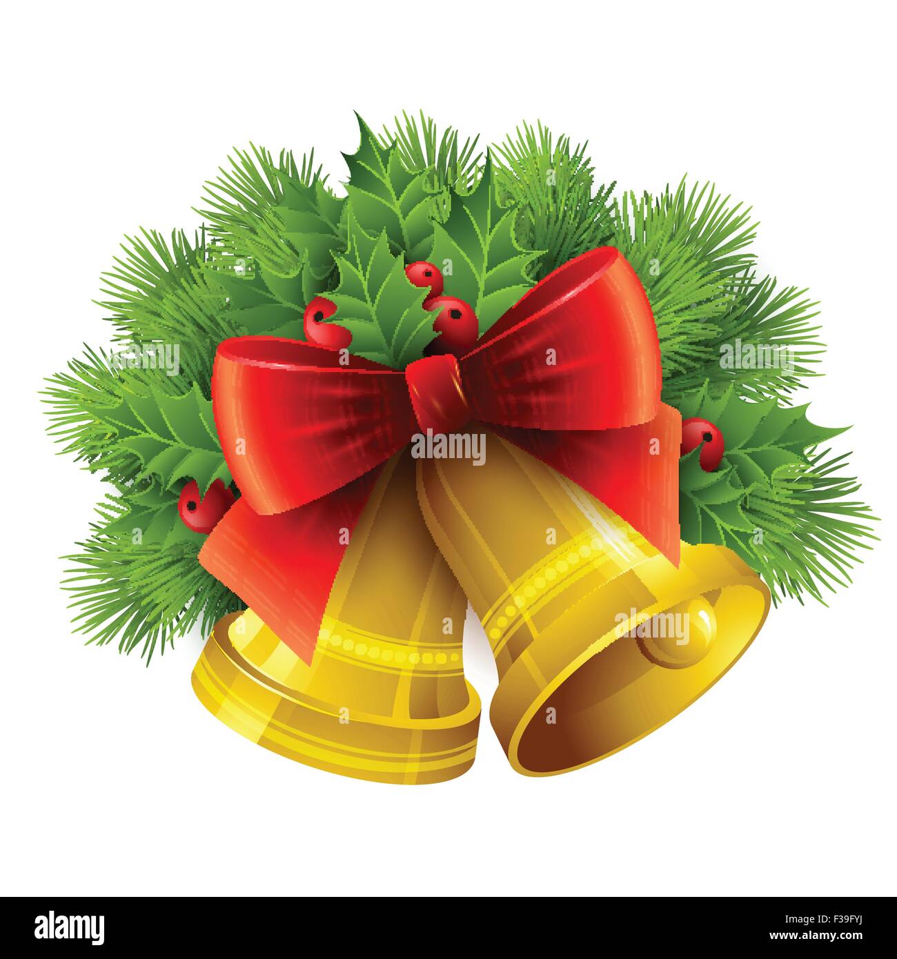 Christmas decoration with evergreen trees, holly and bells. Vector ...