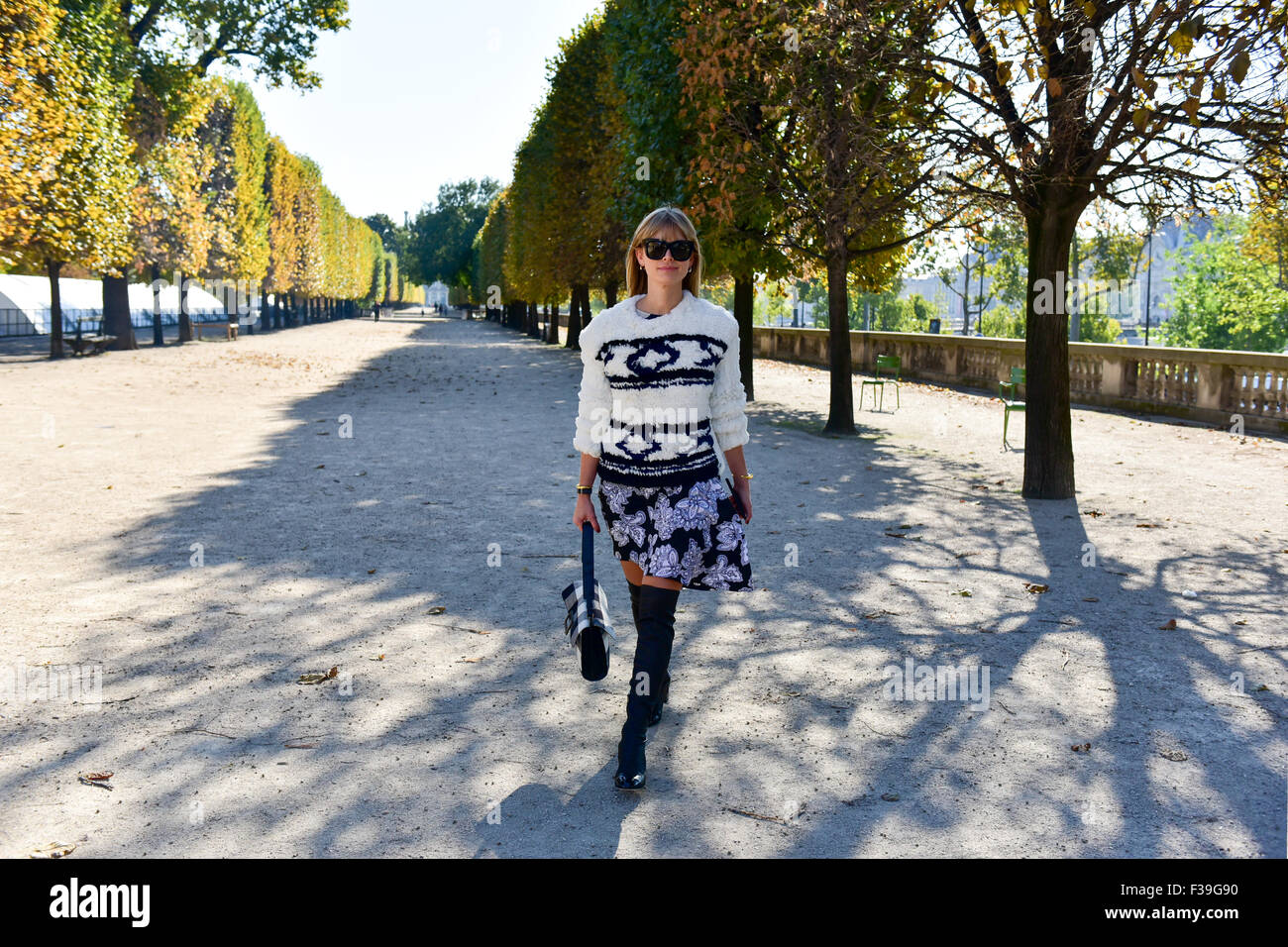 Mosha Lundstrom posing outside of the Carven runway show during Paris ...