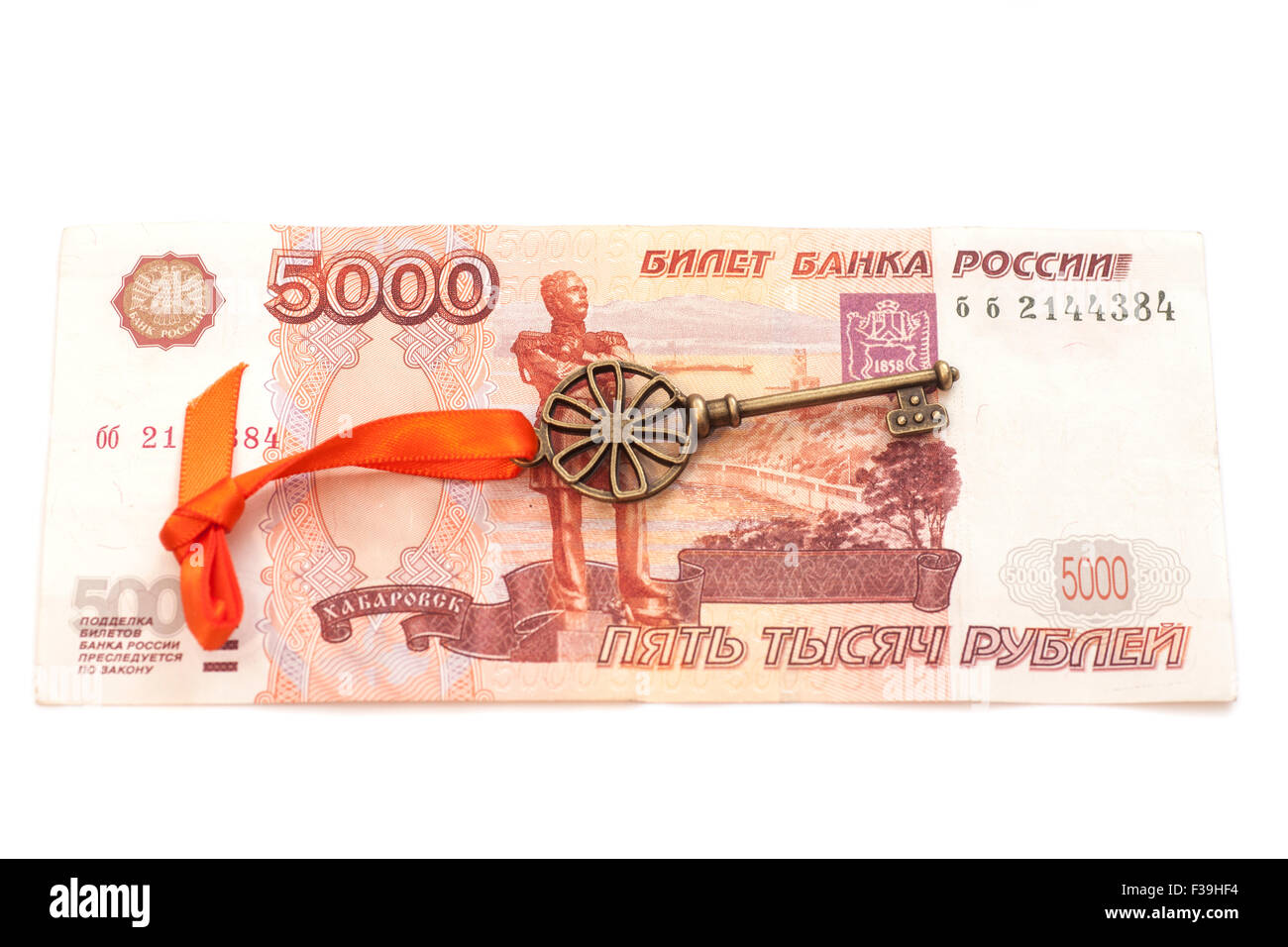 Key To Success With Red Bow on 5000 Russian ruble banknote Stock Photo ...