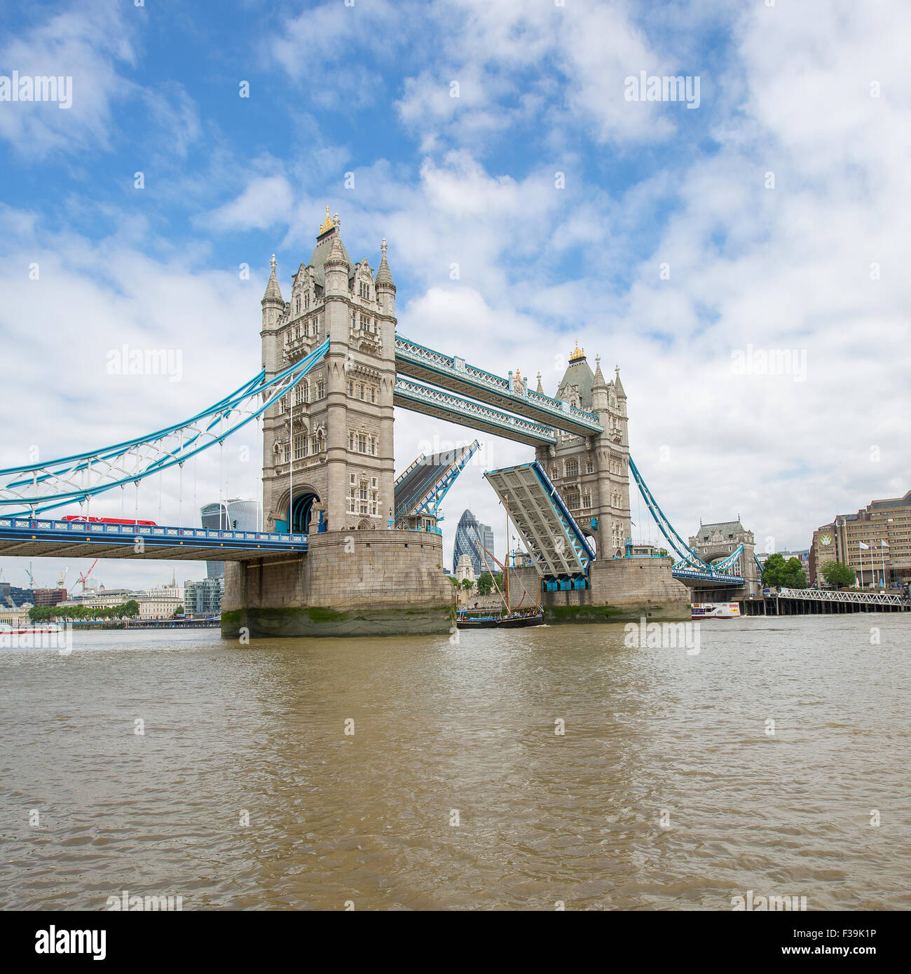 Tower Bridge with bascules raised, London, England, United Kingdom ...