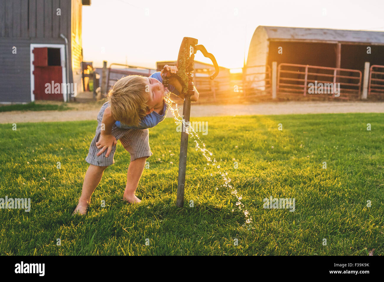 Boy drinking water from tap on a farm Stock Photo - Alamy