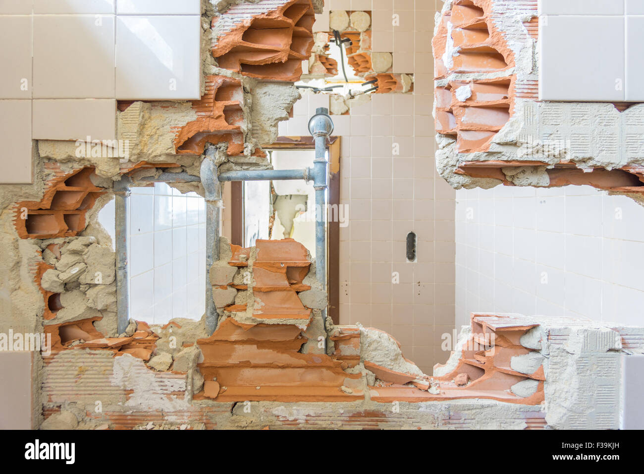 Interior of abandoned and ruined house with broken wall and hole Stock ...