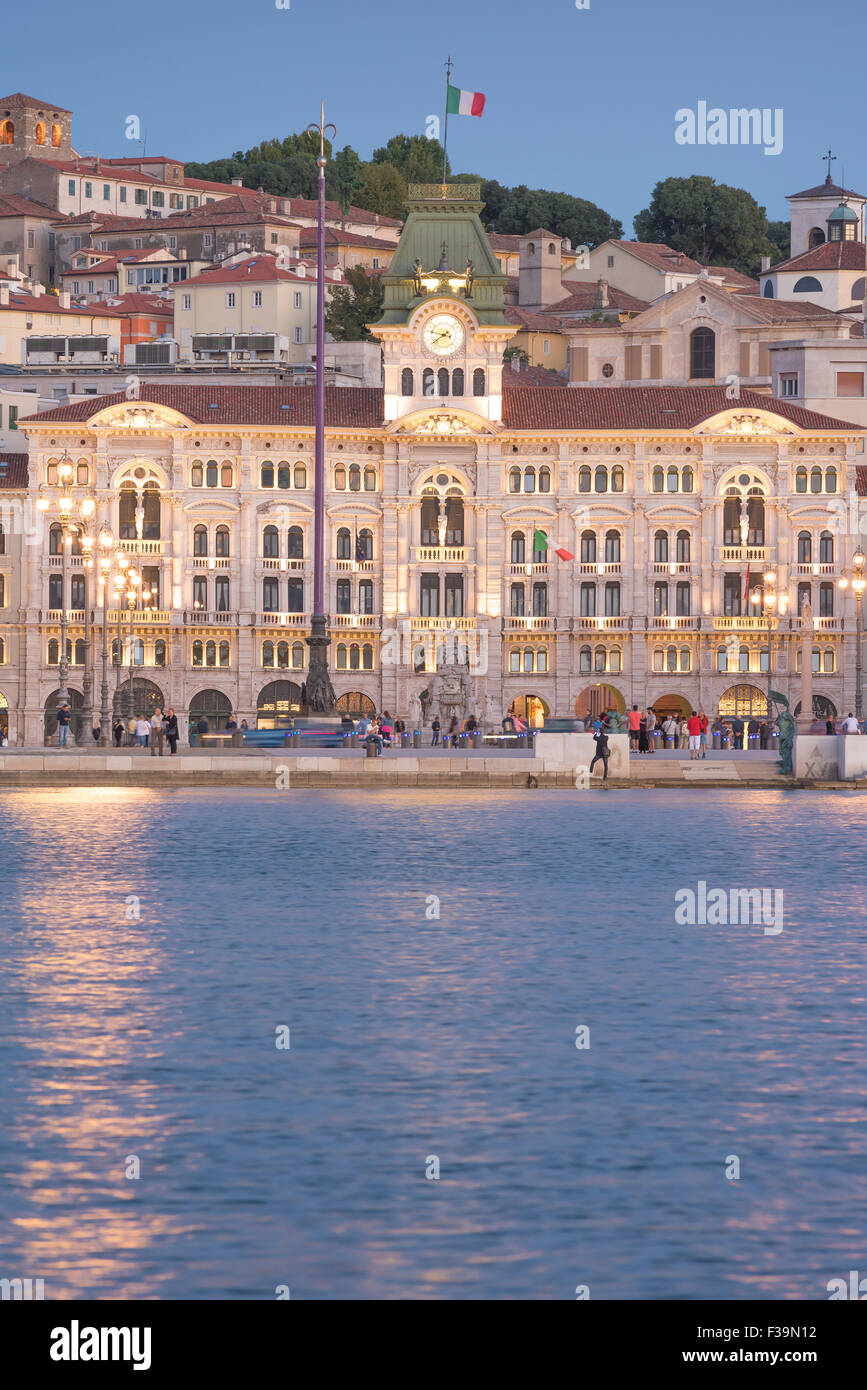 Trieste waterfront night, view at dusk of the Piazza dell'Unita d ...