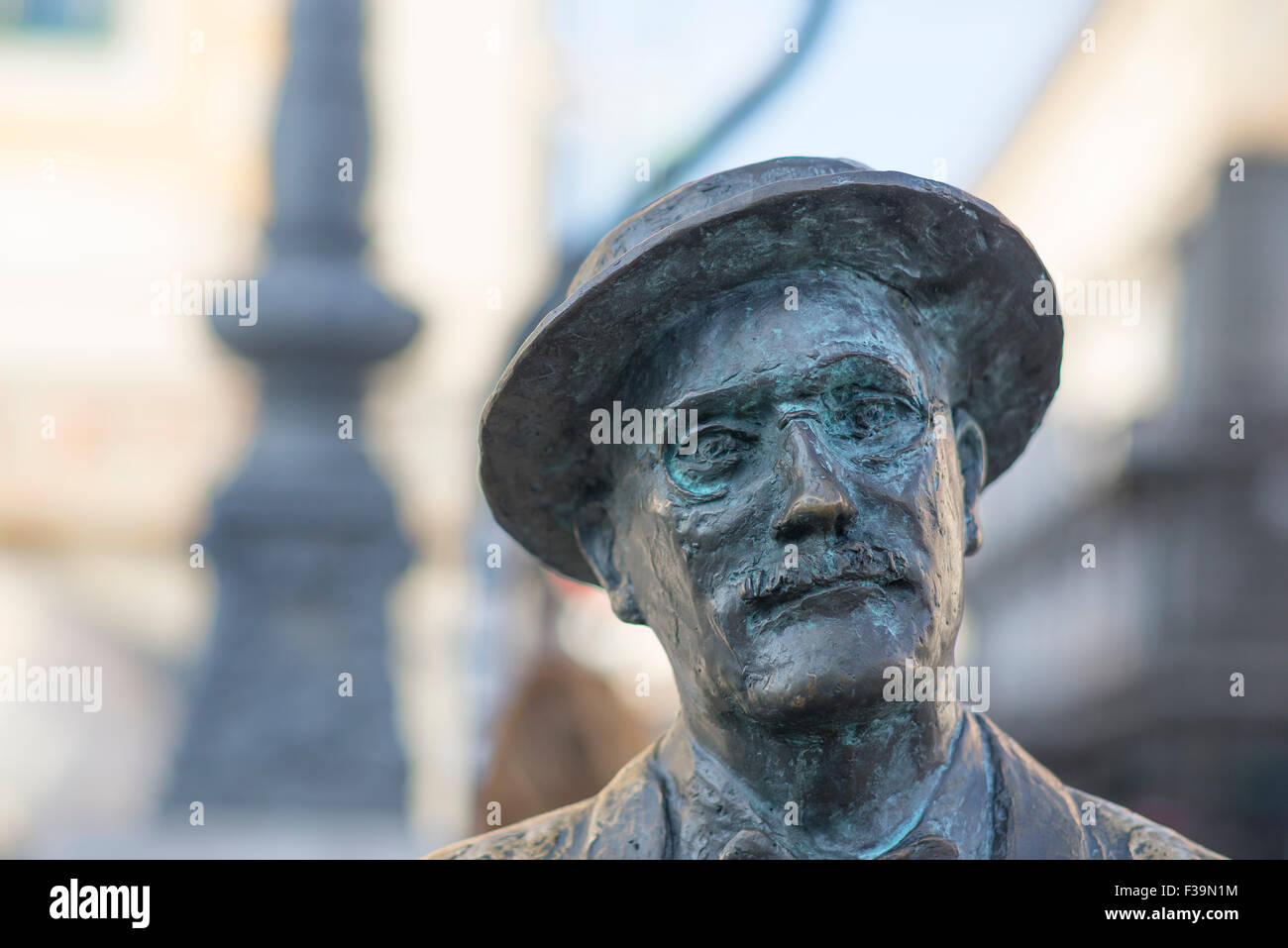Detail of the famous statue of the Irish novelist and poet James Joyce ...