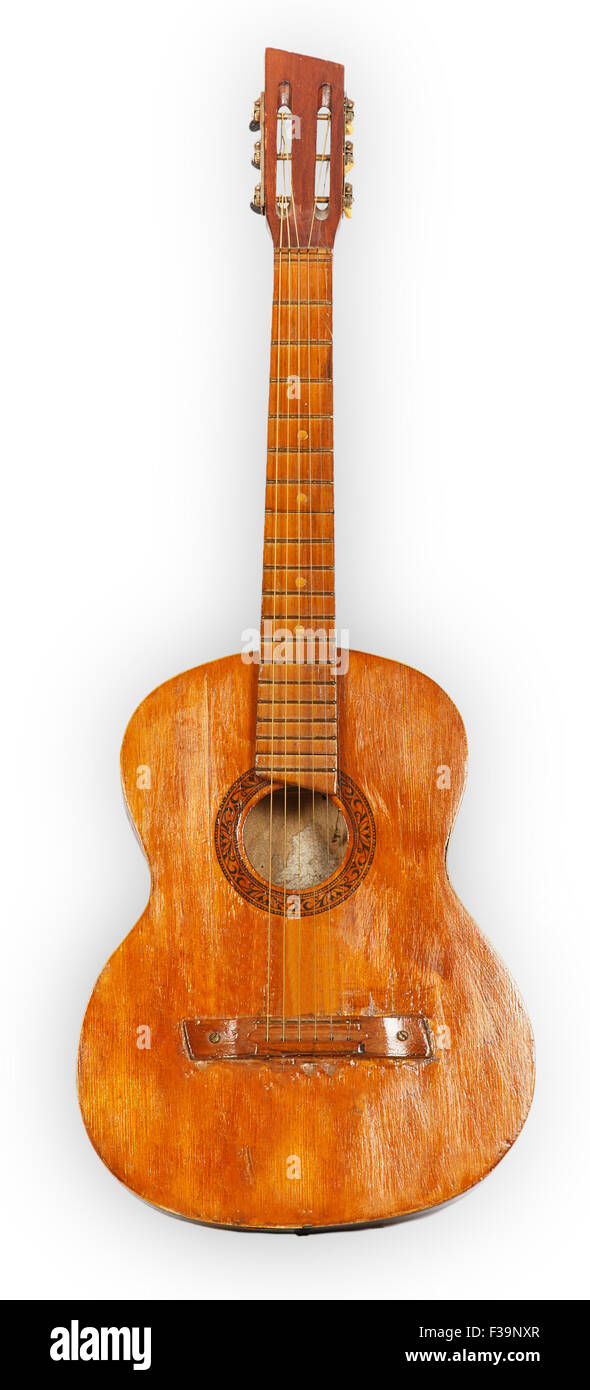 Old wooden acoustic guitar isolated on white background Stock Photo - Alamy
