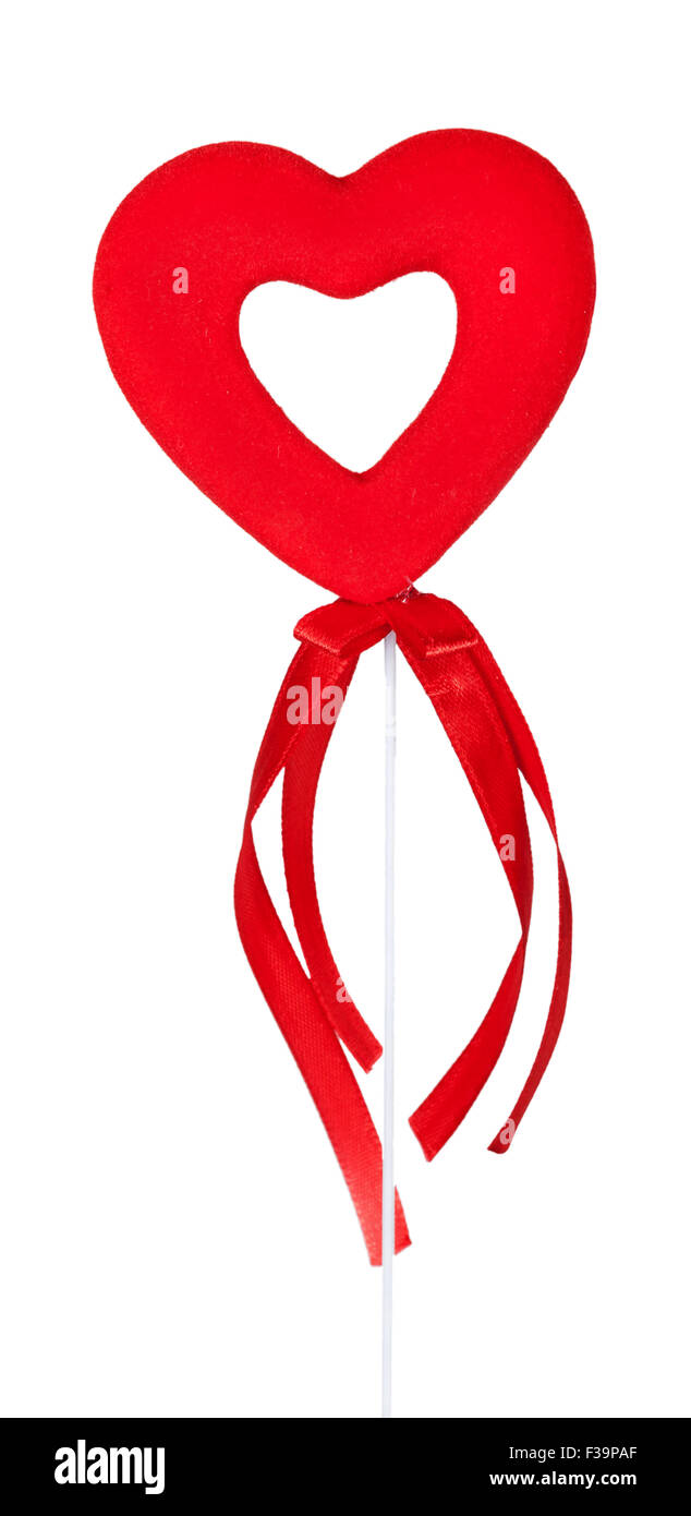 red heart on a stick with red ribbons isolated on white background ...