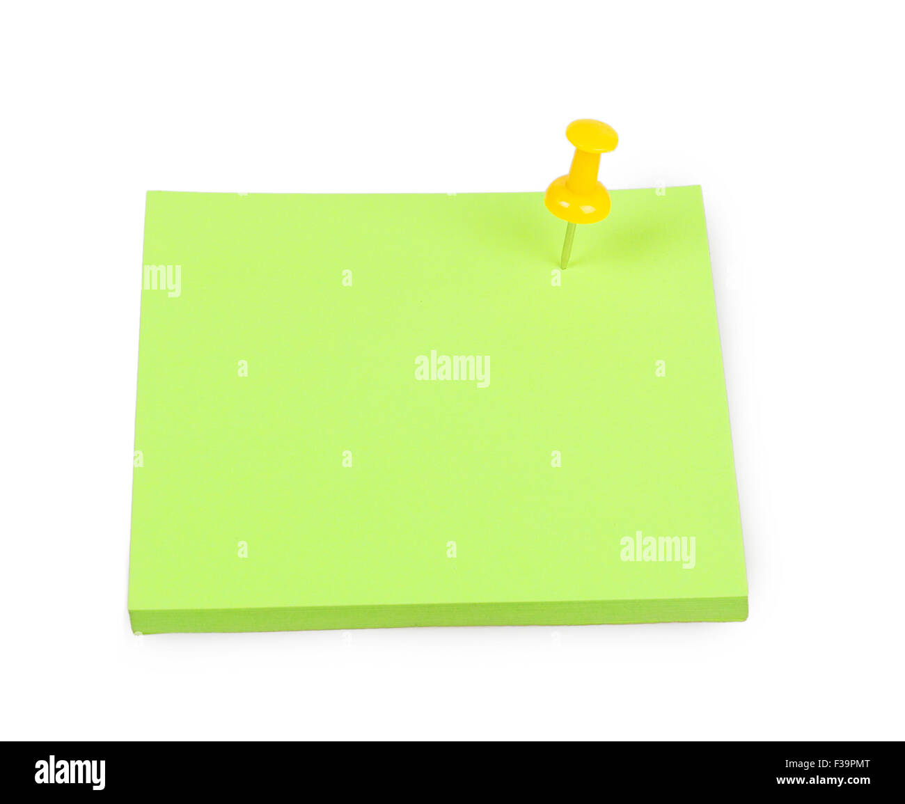 Blank green sticky note with yellow push pin isolated on white ...