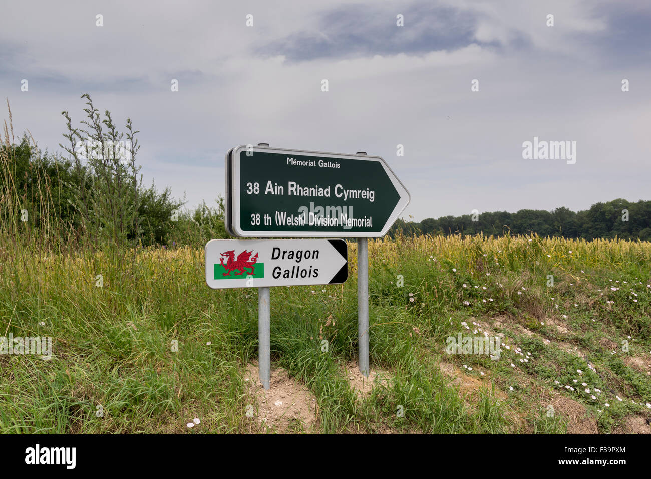 The only road sign in Welsh on the Somme battlefield in France showing ...