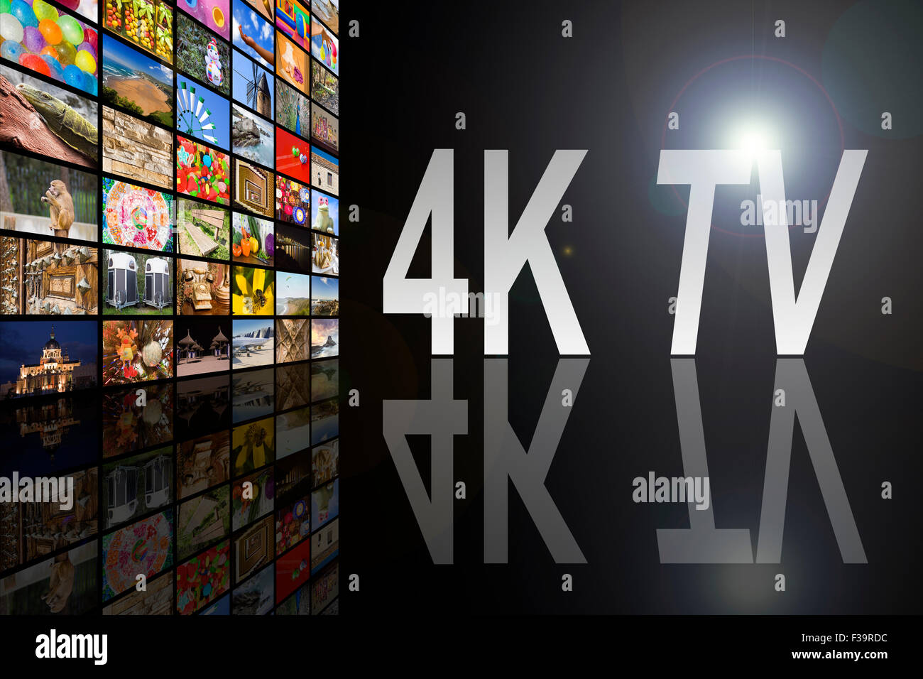 Concept of 4K TV on black background with reflection Stock Photo - Alamy