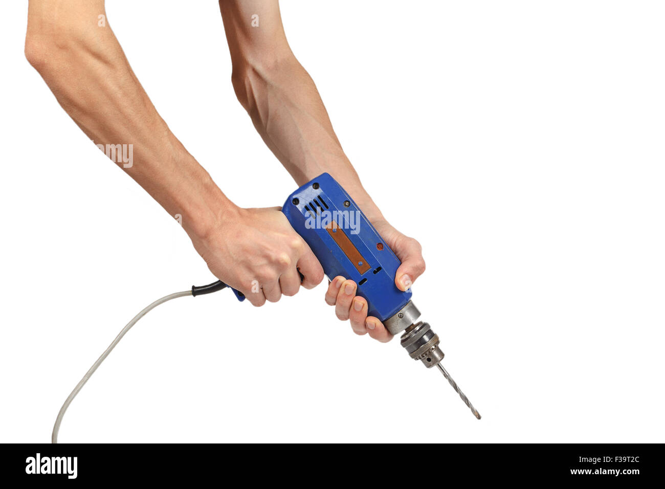 Man's hands holds a blue drill isolated on white background Stock Photo ...
