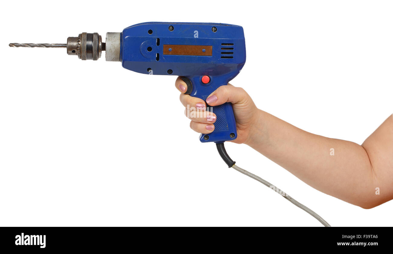 Female hand hold a blue drill isolated on white background Stock Photo ...