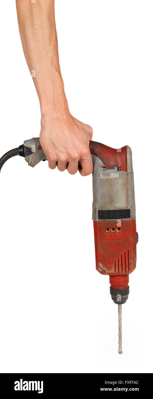 Man's hand holds a brown drill isolated on white background Stock Photo ...