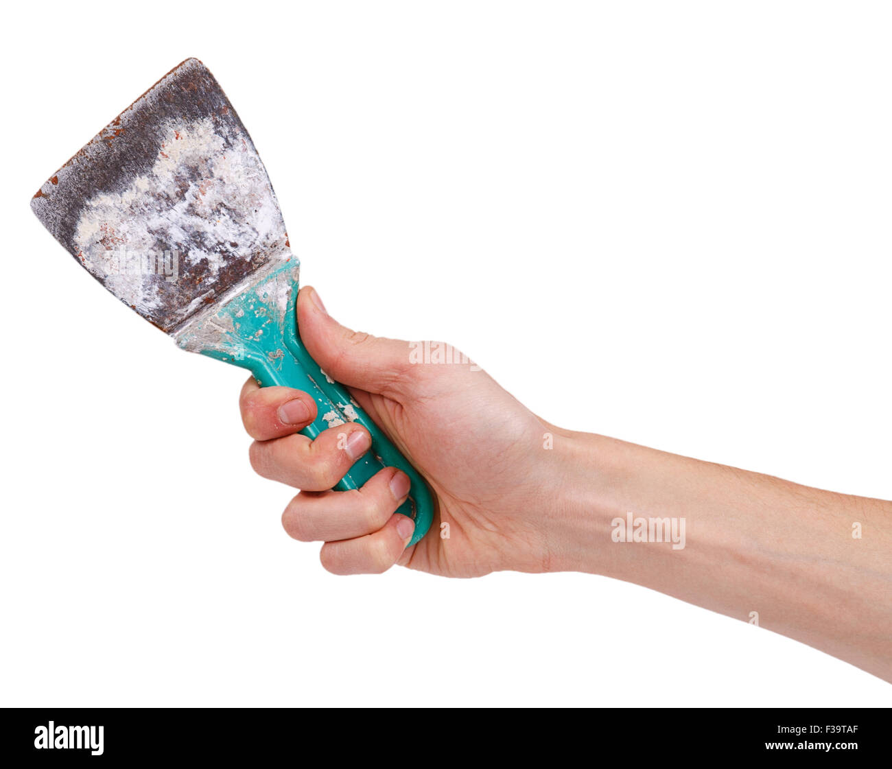 Old trowel in male hand isolated on white background Stock Photo - Alamy