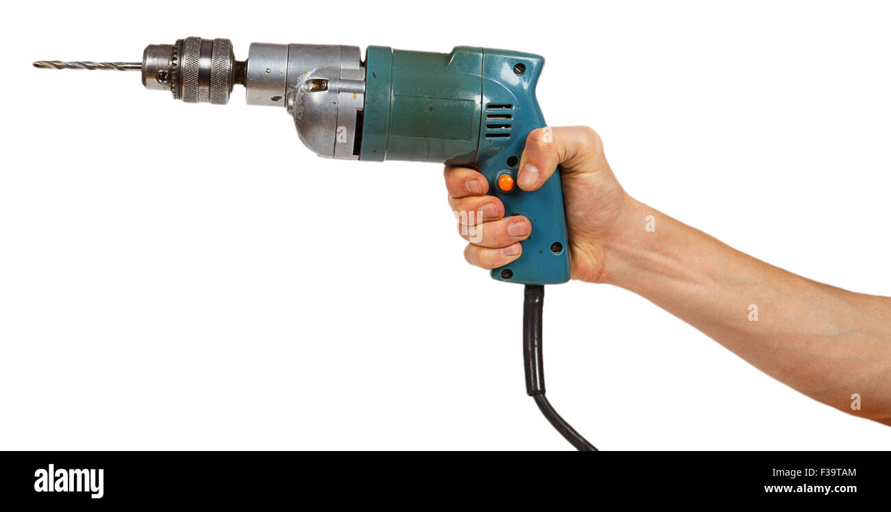 Man's hand holds a drill isolated on white background Stock Photo - Alamy