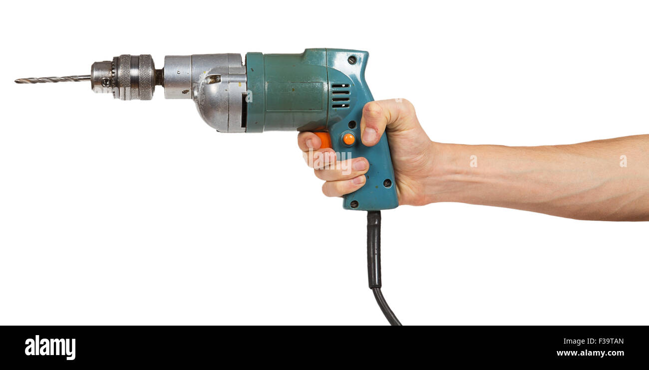 Man's hand holds a drill isolated on white background Stock Photo - Alamy