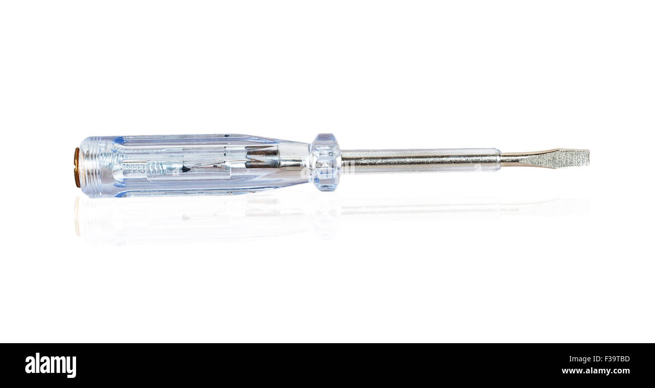 Electricity current meter and turn-screw tool isolated on white ...