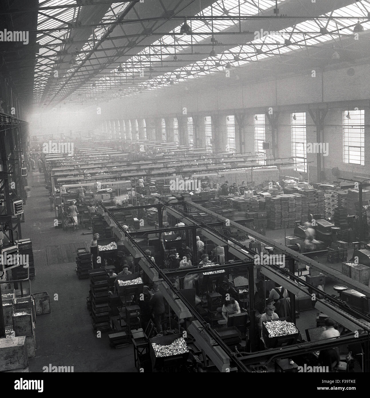 Historical, 1950s, Light fills the factory floor at the British Ever ...