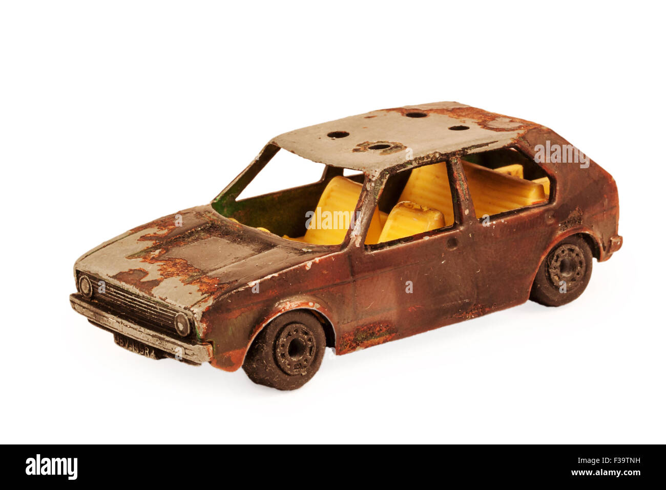 broken brown children's toy car model isolated on white background ...