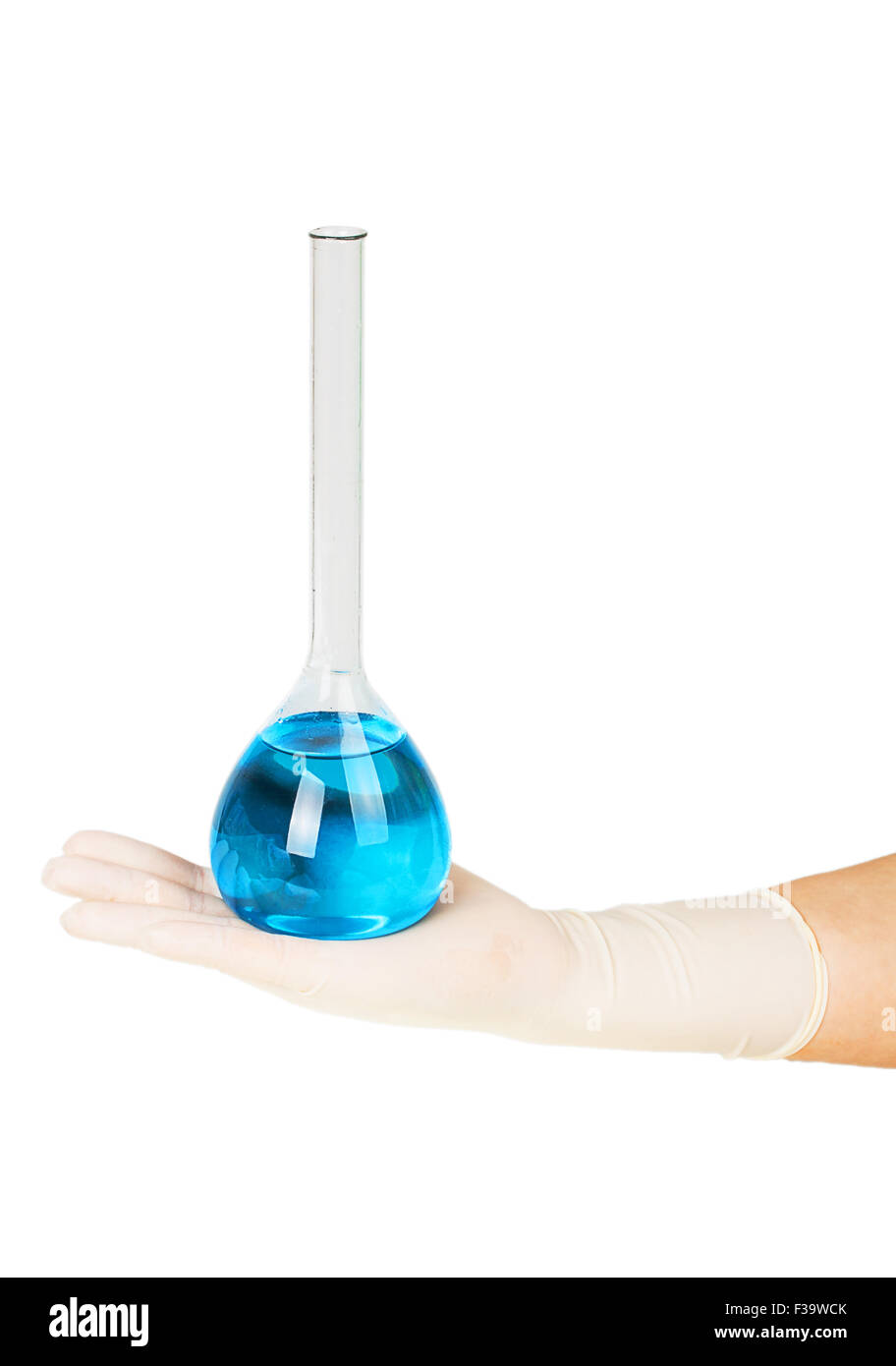 female hand in rubber glove holding a chemical tube with blue liquid ...