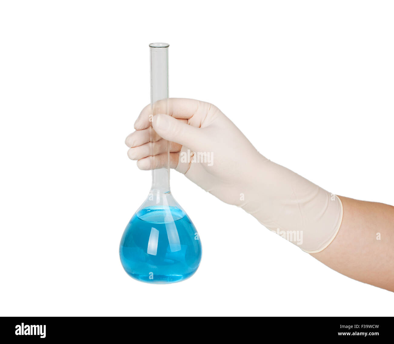 female hand in rubber glove holding a chemical tube with blue liquid ...