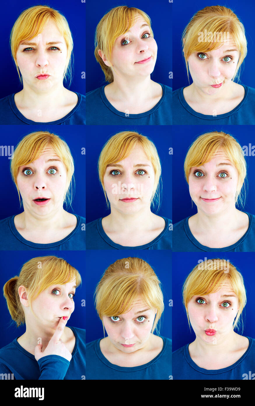 multiple faces of funny blond woman on blue background Stock Photo - Alamy