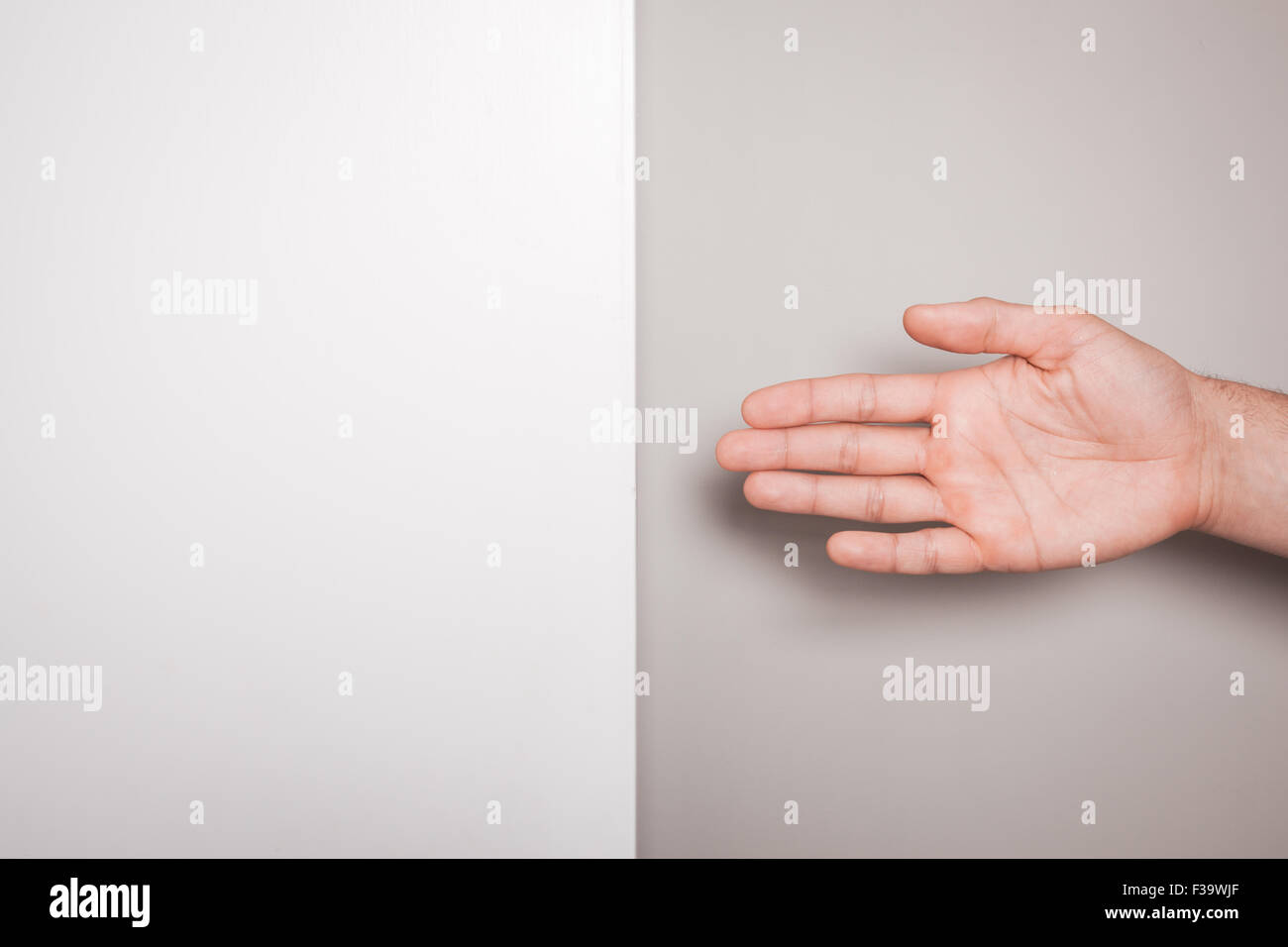 The palm of a young man in a handshake against a green and white ...
