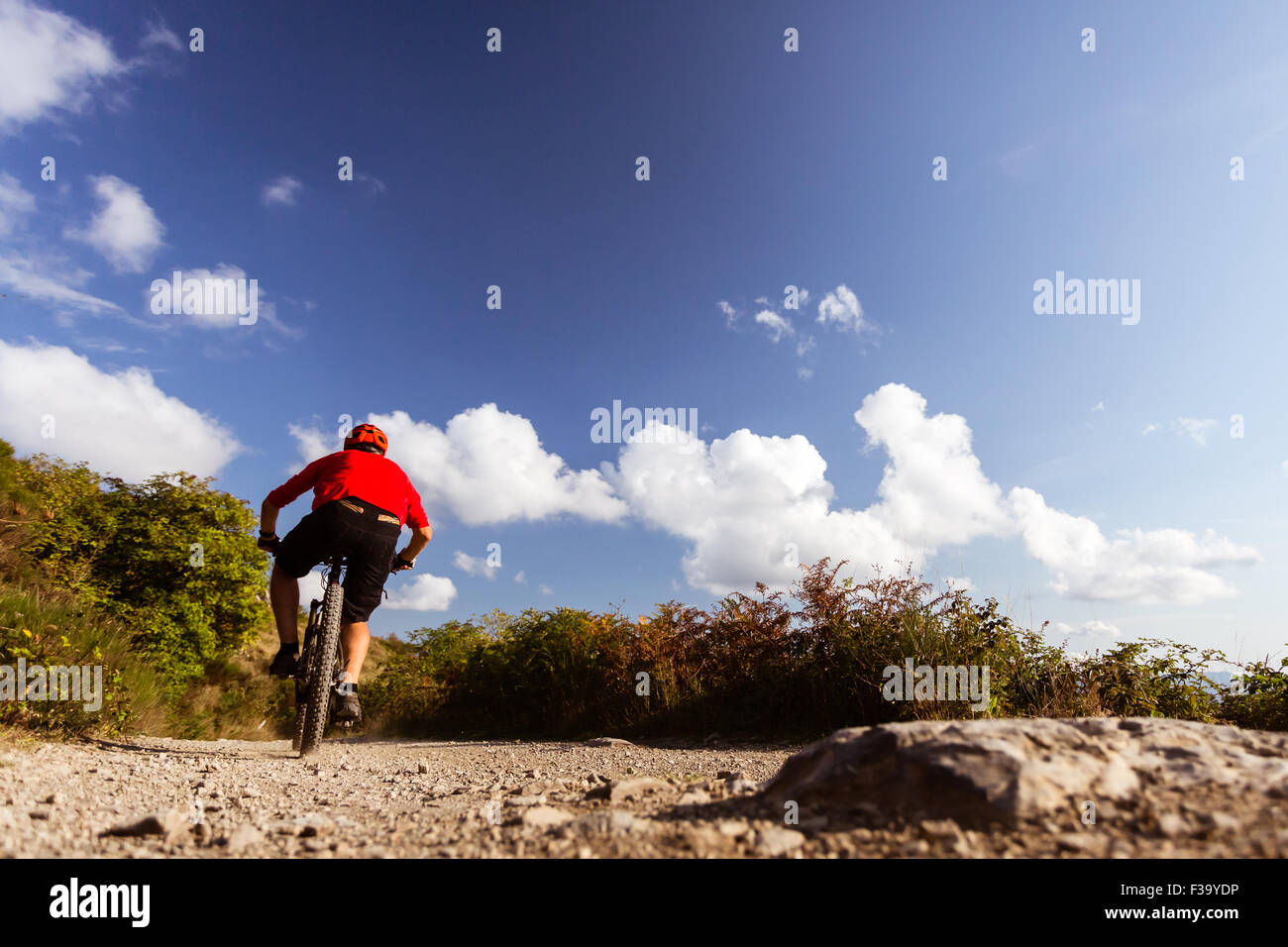 Mountain biker riding on bike in summer mountains landscape. Man ...
