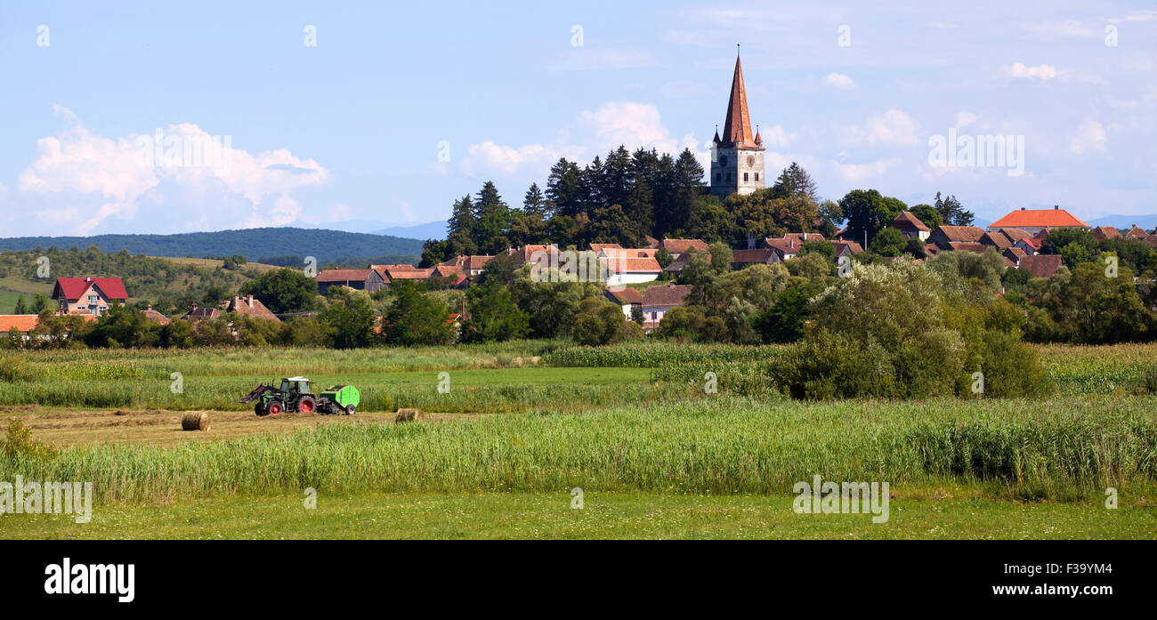 Panoramic rural landscape with village at sunset, Transilvania, Romania ...