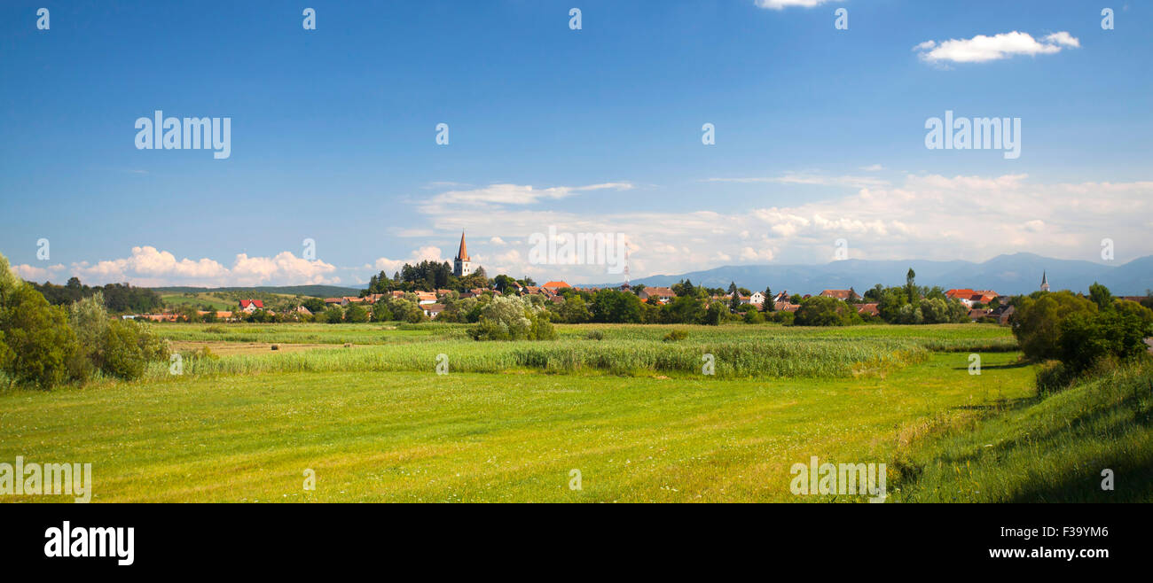 Panoramic rural landscape with village at sunset, Transilvania, Romania ...