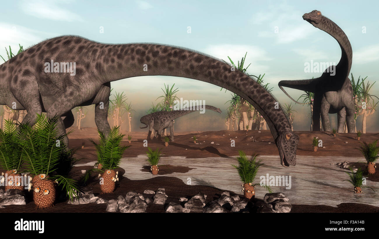 Diplodocus dinosaurs grazing near a desert lake with williamsonia trees ...