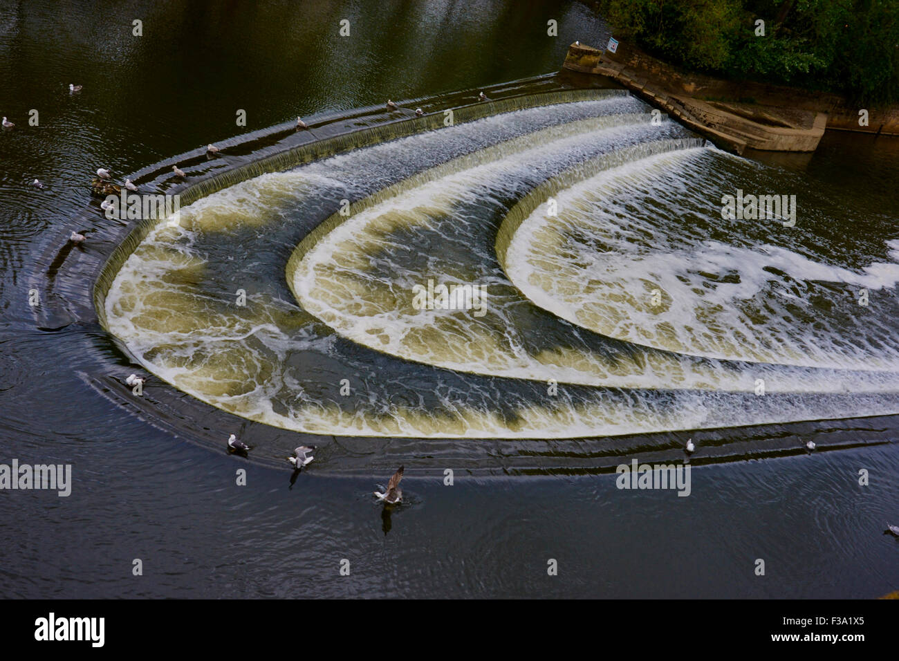 Water feature below Pulteney Bridge, on river Avon Stock Photo - Alamy