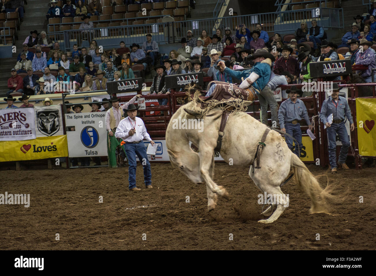 Cowboy riding bucking horse during rodeo in Oklahoma City, Oklahoma ...
