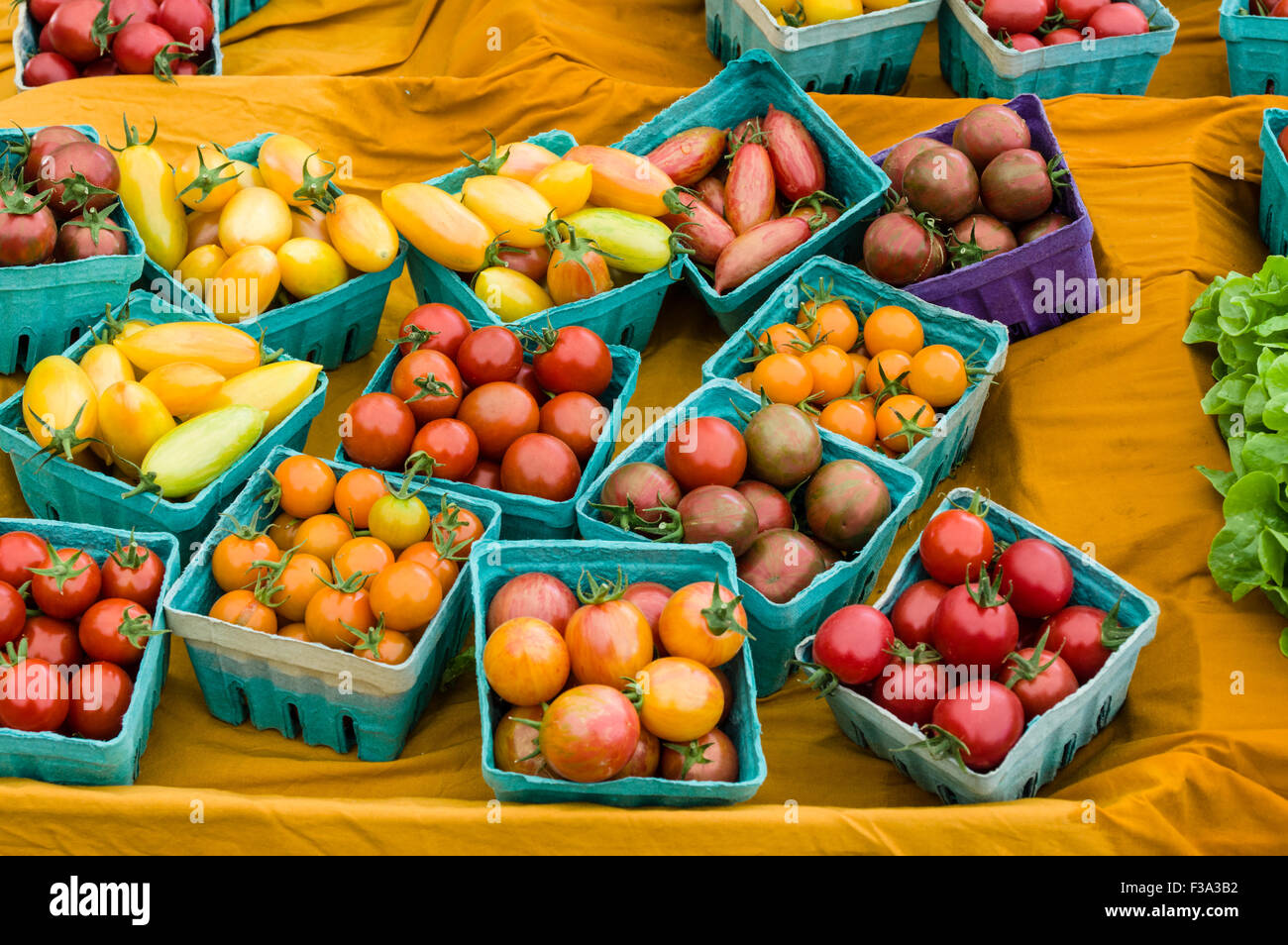 Boxes of small cherry tomatoes on display at the market Stock Photo - Alamy