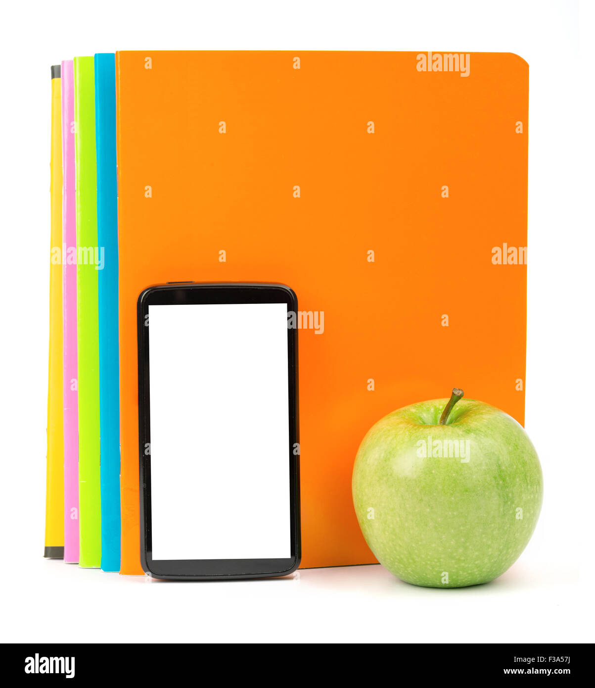 Fresh apple with exercise books and smartphone Stock Photo - Alamy