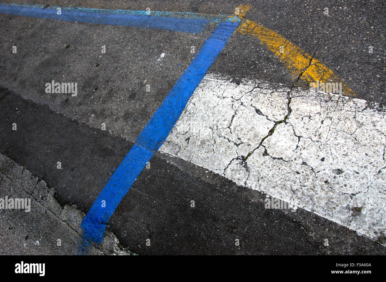Asphalt road background with yellow, white and blue lines Stock Photo ...