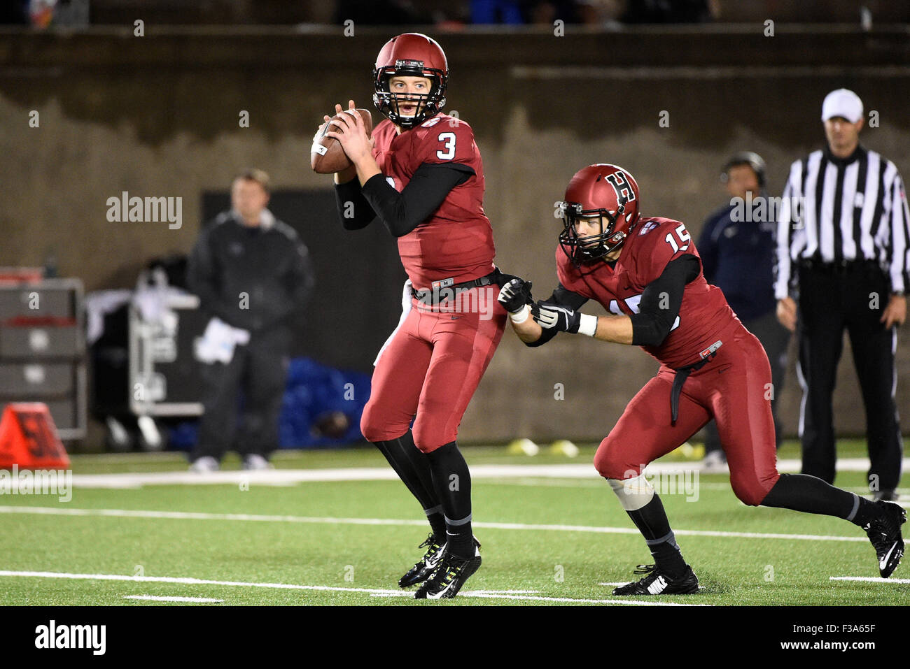 OCT 2, 2015: Harvard Crimson quarterback Scott Hosch (3) drops back to ...