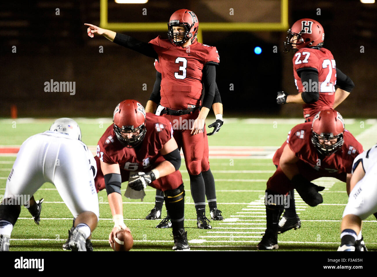 OCT 2, 2015: Harvard Crimson quarterback Scott Hosch (3) directs the ...