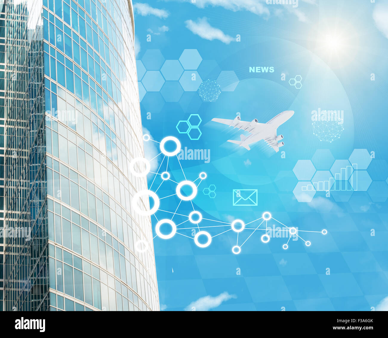 Building with world map and icons Stock Photo - Alamy