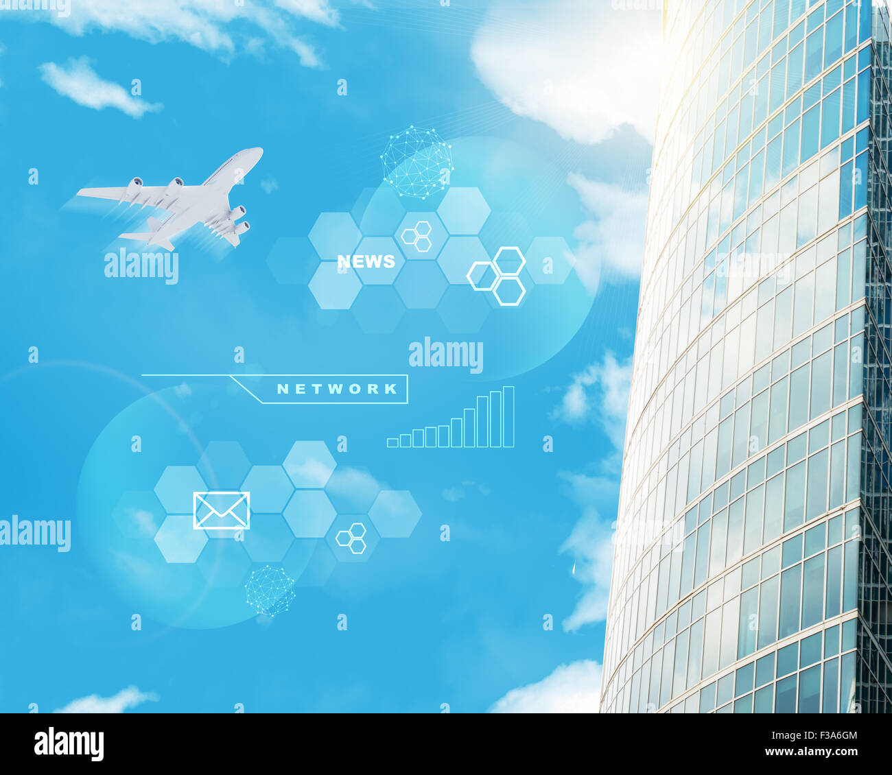 Building with world map and clouds Stock Photo - Alamy