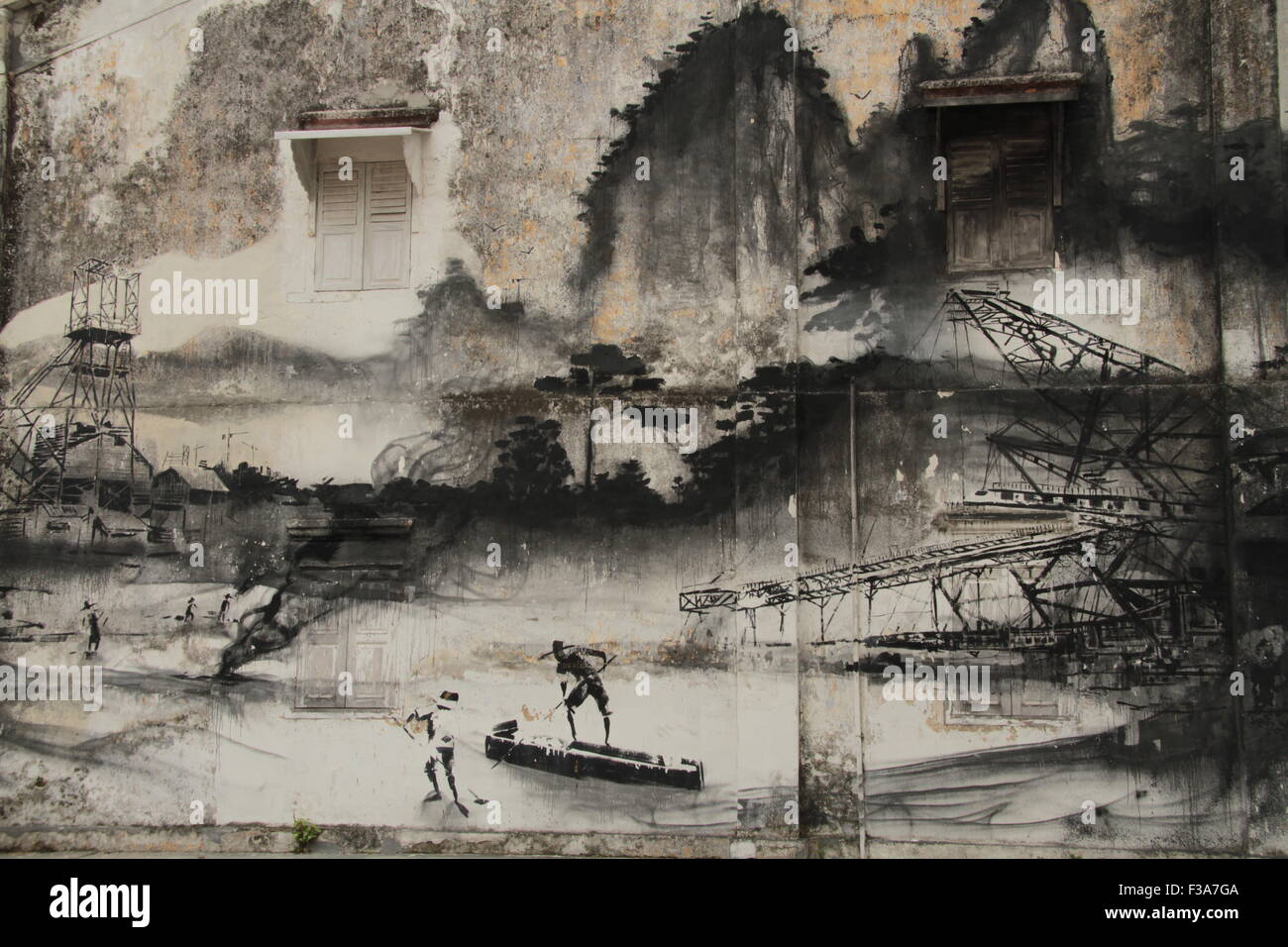 Street art in Ipoh, industrial / rural landscape on wall Stock Photo ...