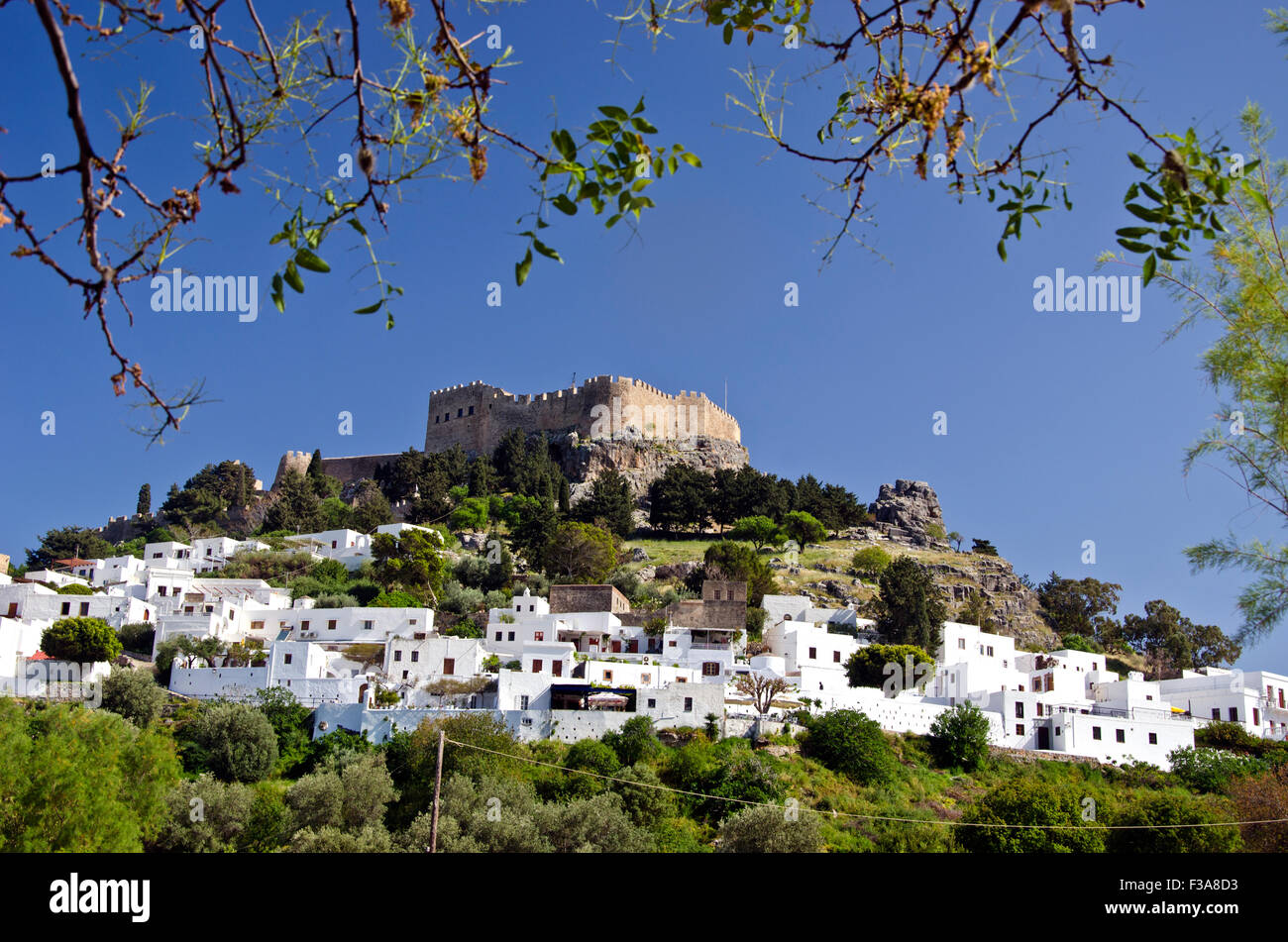 Historical Fortress in Lindos resort , Rhodes island, Greece Stock ...