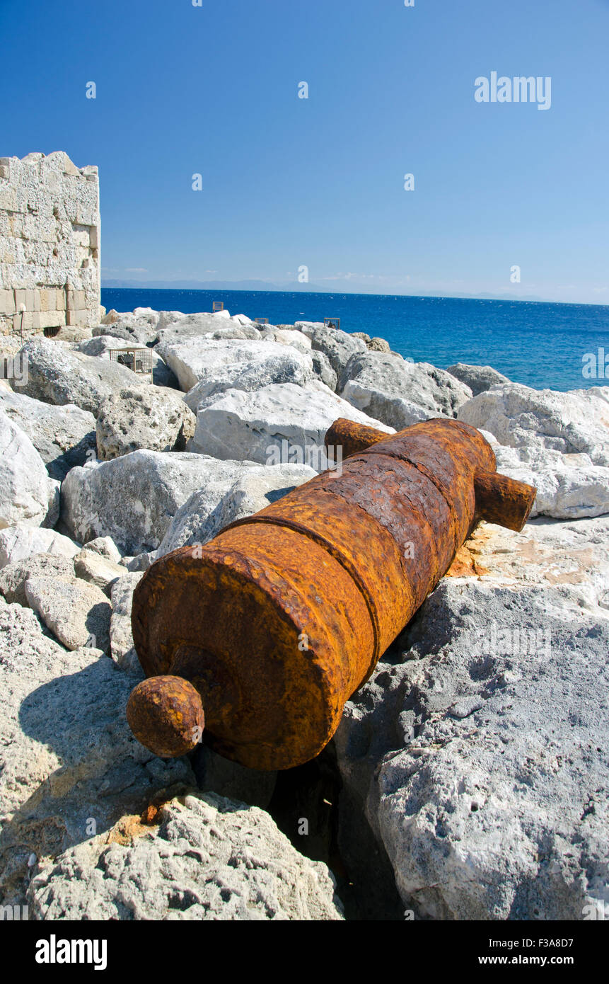 Rusty old historical cannon in Rhodes island near fort, Greece Stock ...