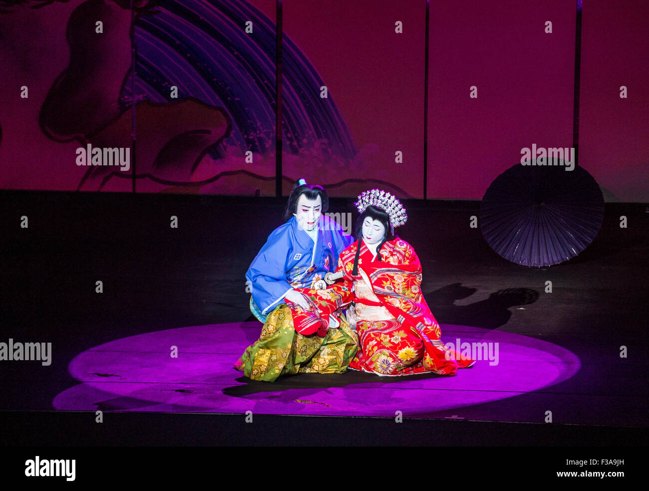 Traditional Japanese Kabuki performance in front of the Bellagio hotel ...